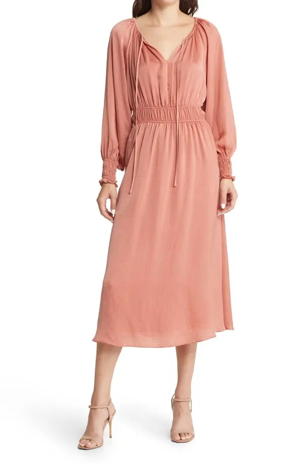 Buy FLORET STUDIOS Smocked Waist Long Sleeve Hammered Satin Midi Dress